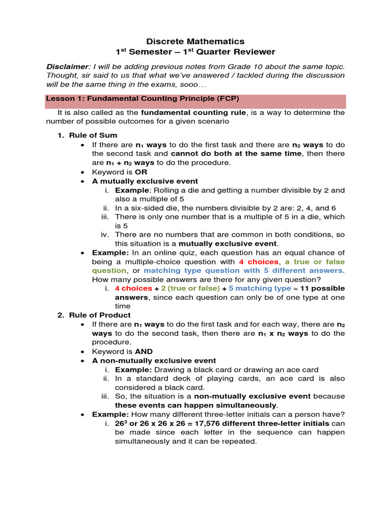 Q1 Discrete Mathematics Reviewer | PDF | Multiplication | Permutation