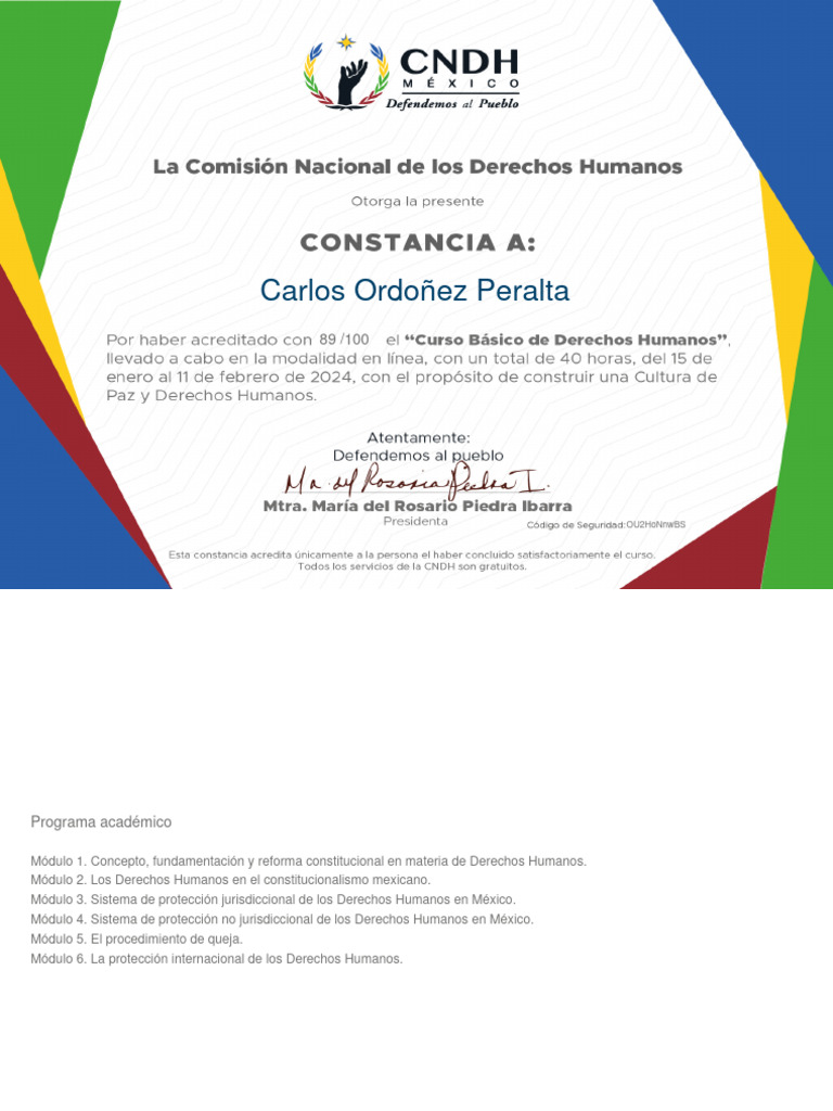 Constancia Curso Basico de Derechos Humanos-Cndh | PDF | Política