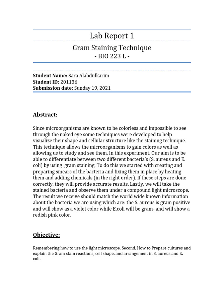 BIO 223 Lab Report 1 | PDF | Staining | Gram Positive Bacteria