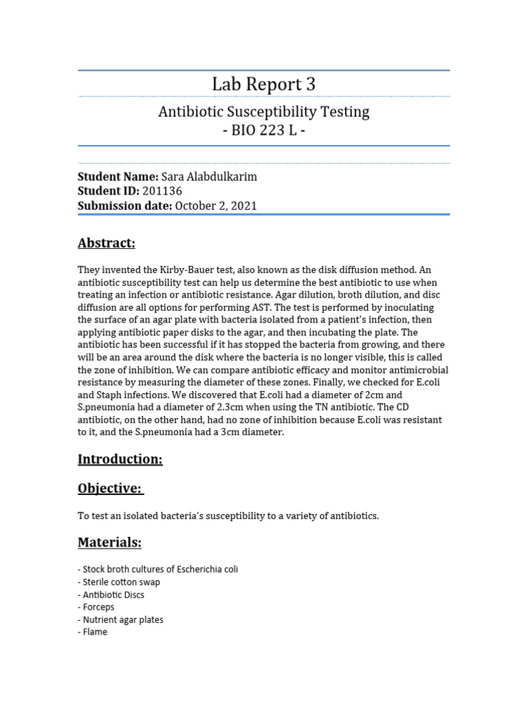 Antibiotic Susceptibility Testing Report | PDF