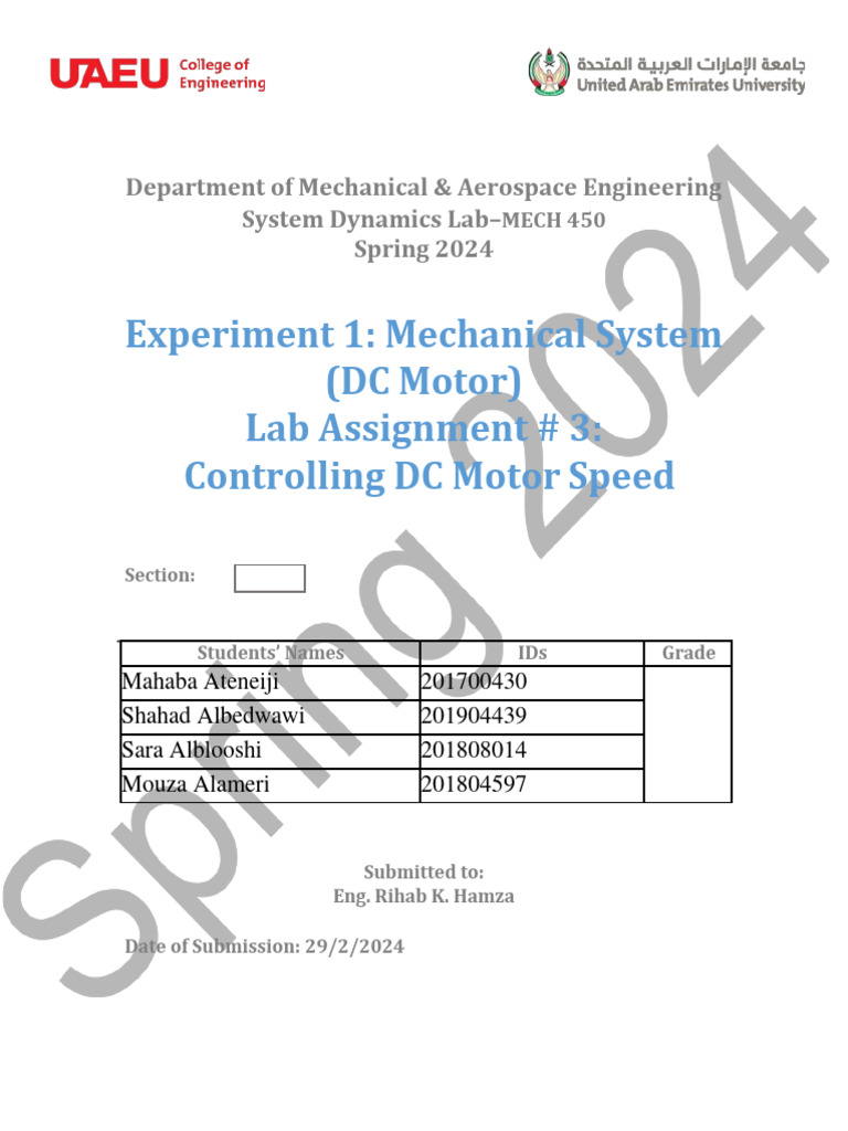MECH 450 Lab Assignment 3 - Controlling DC Motor Speed1 last Draft | PDF