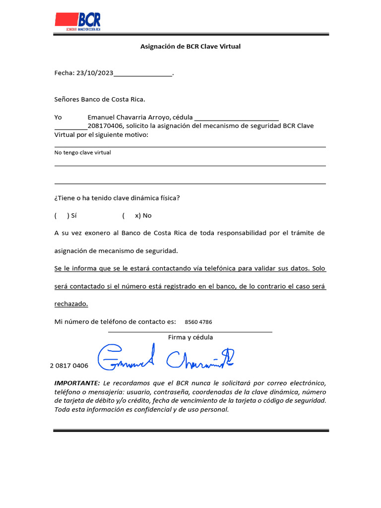 Asignación BCR Clave Virtual | PDF