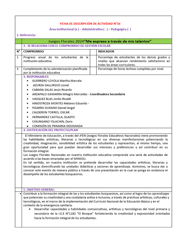 Ficha PAT Juegos Florales 2024 | Descargar gratis PDF | Creatividad ...