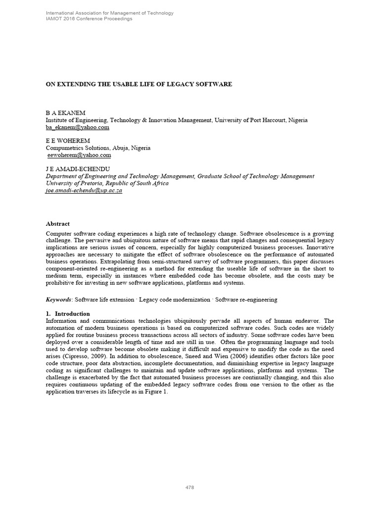 ON EXTENDING THE USABLE LIFE OF LEGACY SOFTWARE - IAMOT - 2016 - Paper - 49 | PDF | Component ...