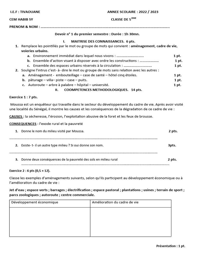 DEVOIR N°1 PREMIER SEM SVT 5e | PDF | Sciences de la terre | Environnement naturel
