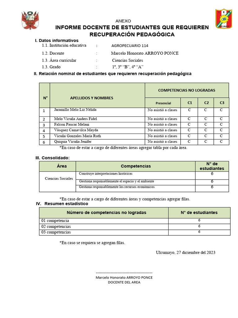 Informe de Recuperación Pedagógica | PDF