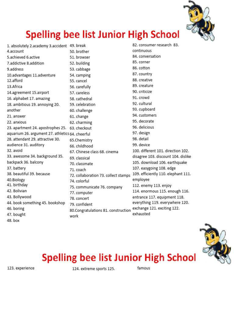 Spelling bee wordlist Junior High School 2023 | PDF