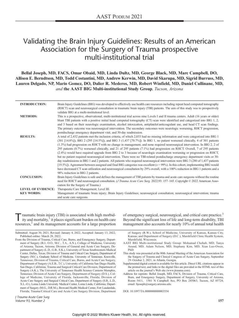 Validating the Brain Injury Guidelines | PDF | Traumatic Brain Injury ...