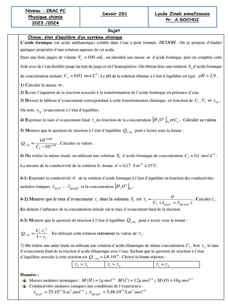 Devoir Libre 2s1 PC 2024 | PDF