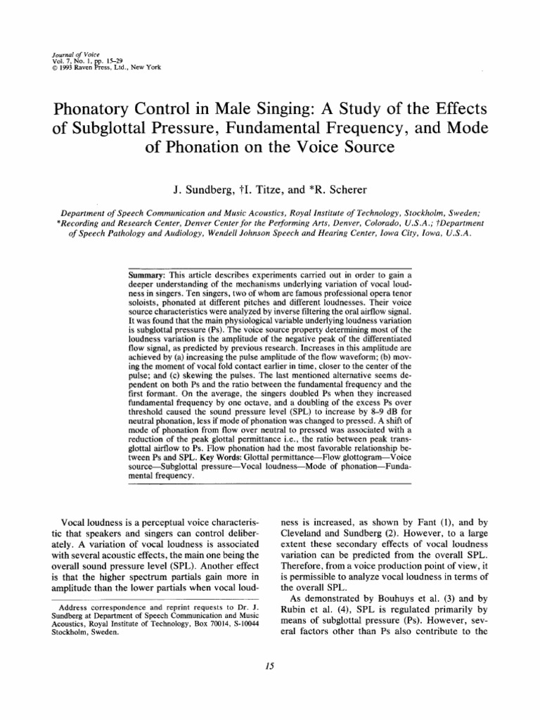 Phonatory Control in Male Singing Sundberg1993 | PDF | Human Voice ...
