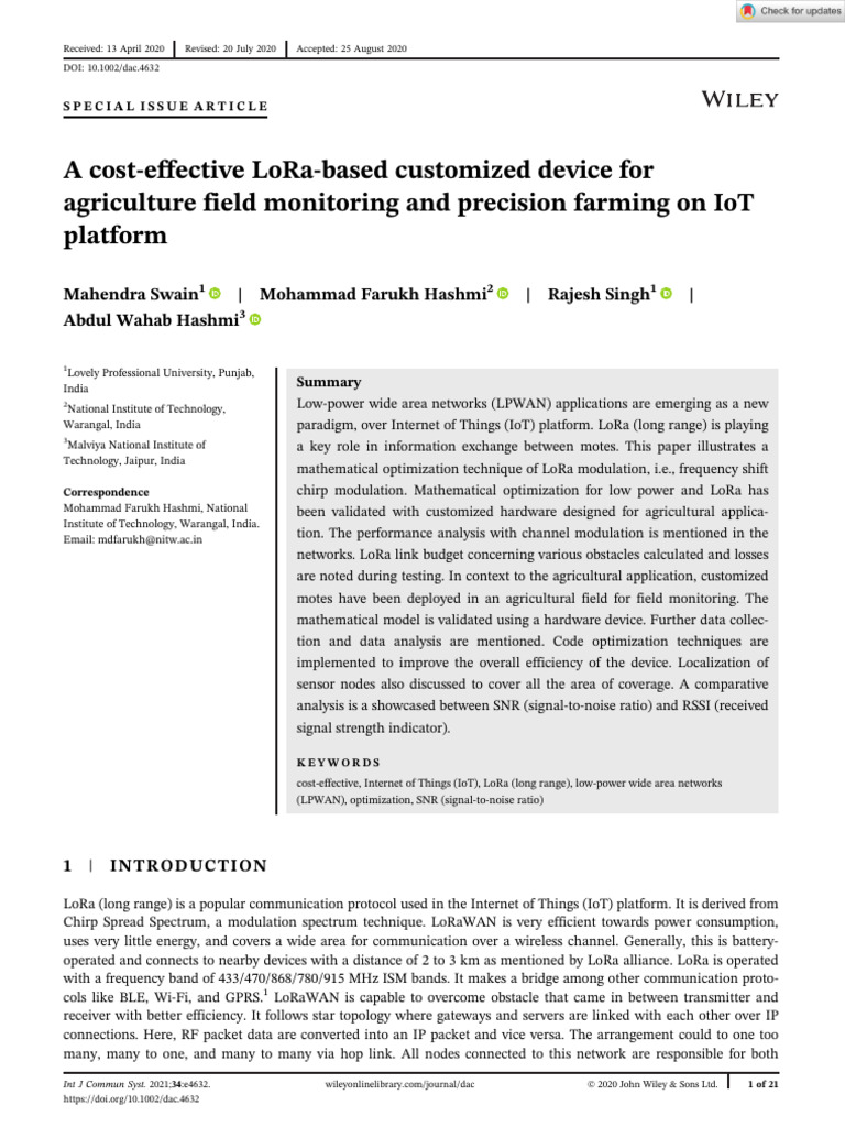 Int J Communication - 2020 - Swain - A Cost Effective LoRa Based Customized Device For ...
