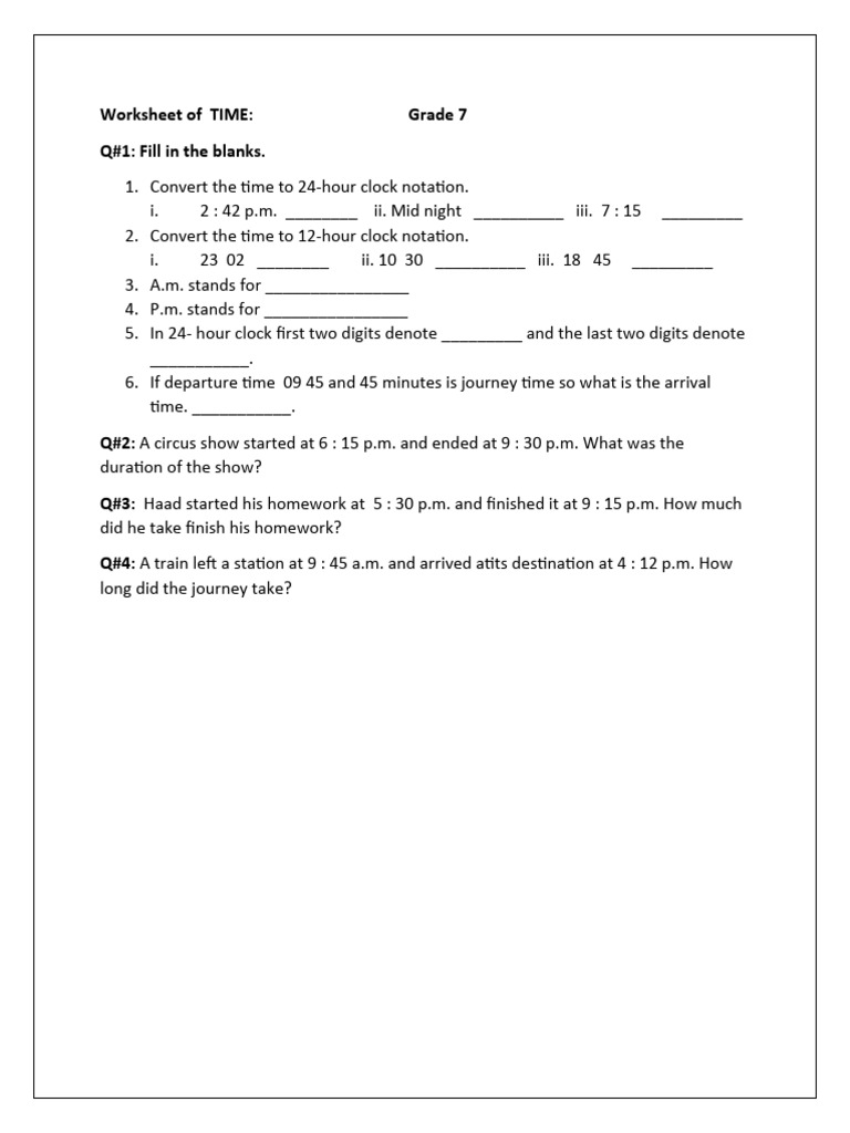 Worksheet Grade 7 Time | PDF