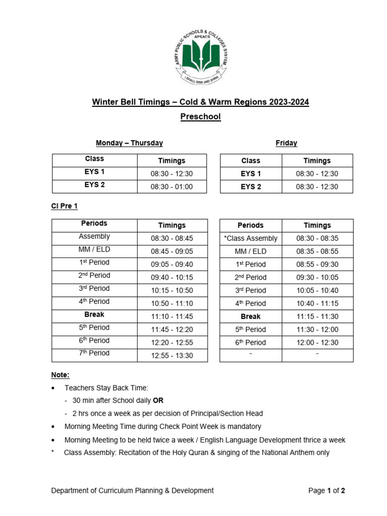 Winter Timings Classess Preschool XII Cold Warm Region 2023 2024 Dated 11 Oct 2023 | PDF
