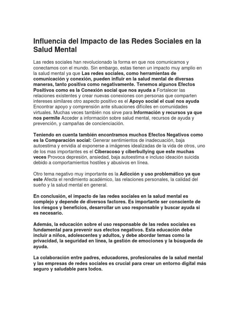 pdf Influencia del Impacto de las Redes Sociales en la Salud Mental ...