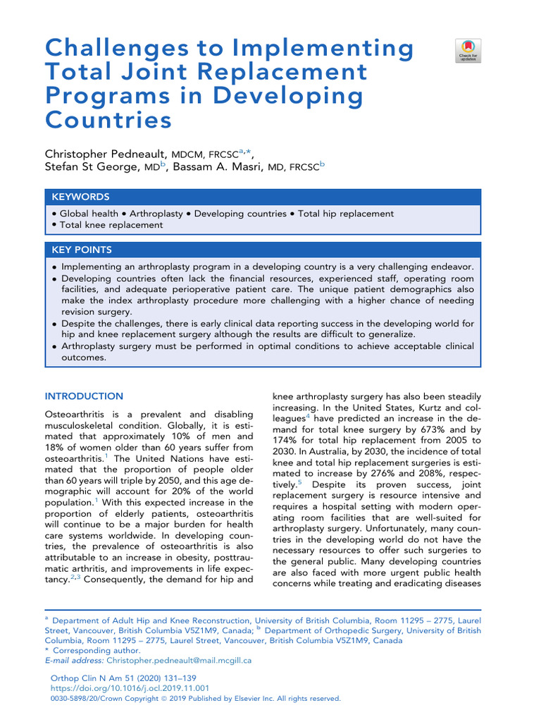 Elsevier. Challenges To Implementing Total Joint Replacement Programs ...