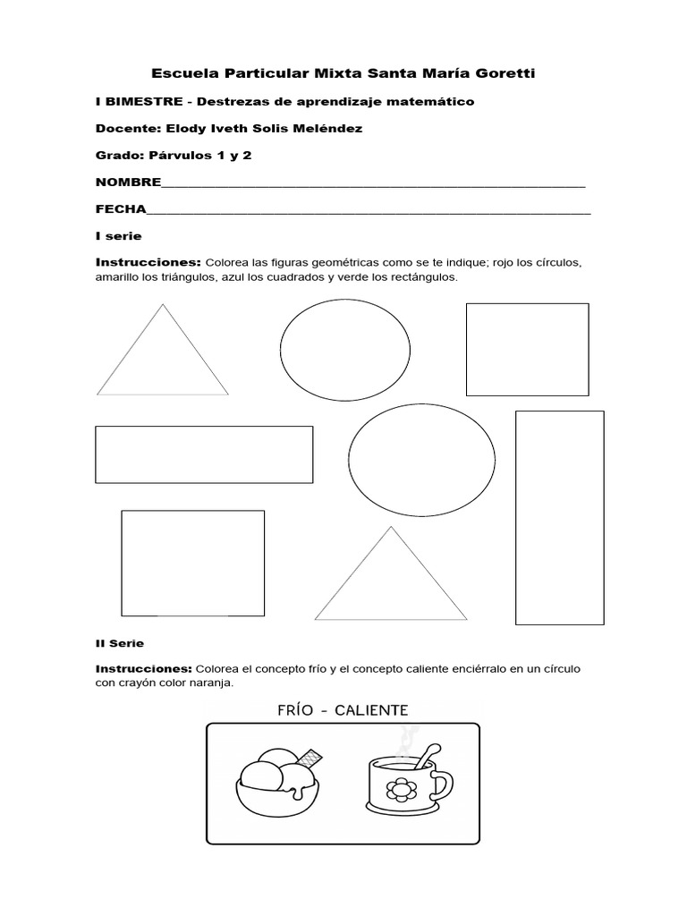 Examen I Bimestre Destrezas de Aprendizaje Matemático 4-5 Años | PDF