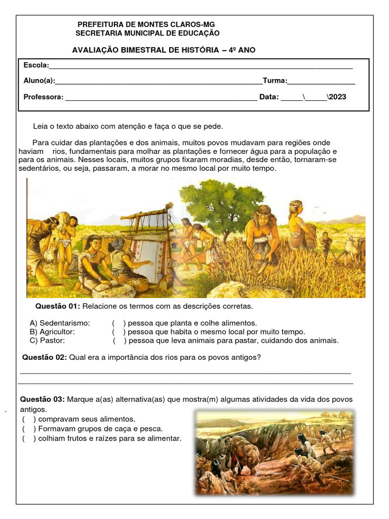 4º Ano Avaliação de História Maio | PDF | Barter (operação financeira ...