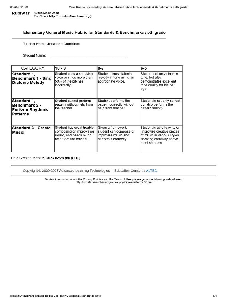Your Rubric_ Elementary General Music Rubric for Standards & Benchmarks ...