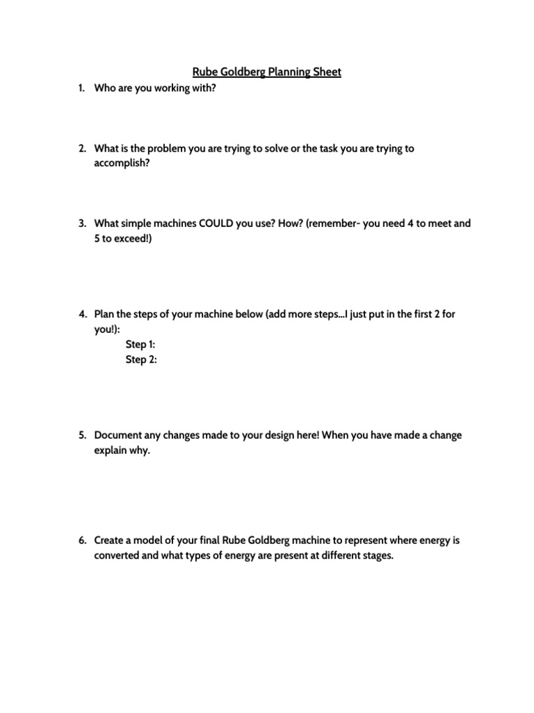 Rube Goldberg Machine Planning Sheet | PDF | Career & Growth ...