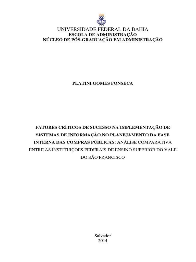 Fatores Criticos de Sucesso Na Implementacao de Sistemas de Informacao No Planejamento Da Fase ...