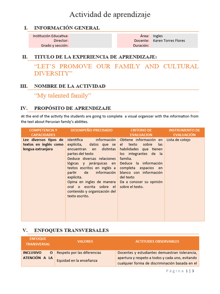 Sesion de Aprendizaje de Ingles | PDF | Aprendizaje | Evaluación