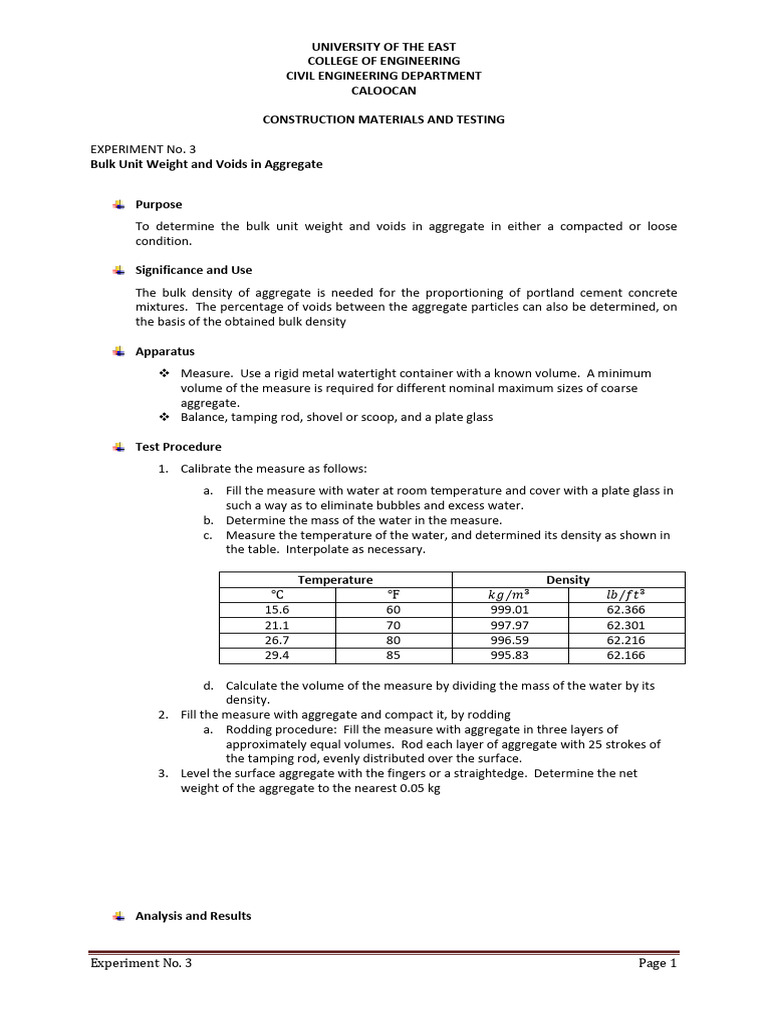 Experiment No.3 Bulk Unit Weight and Voids in Aggregate | PDF | Density ...