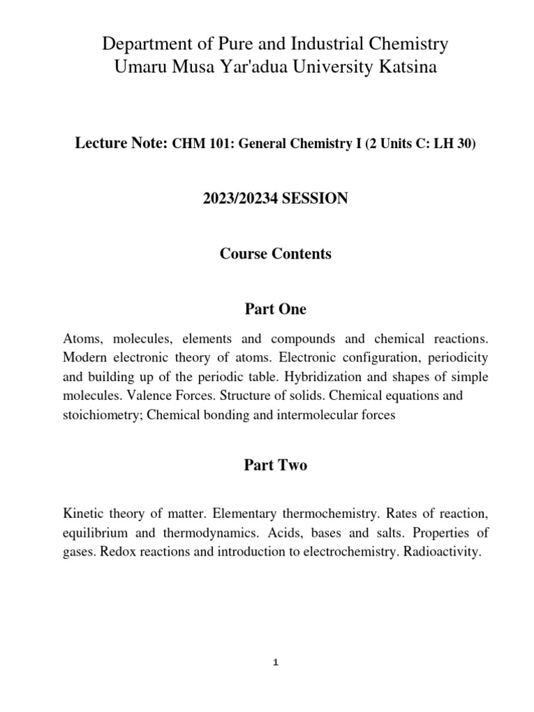 CHM 101 - General Chemistry-1-Lecture Note - 2023 | PDF | Chemical Bond ... CHM 101 - General Chemistry-1-Lecture Note - 2023 | PDF | Chemical Bond ...
