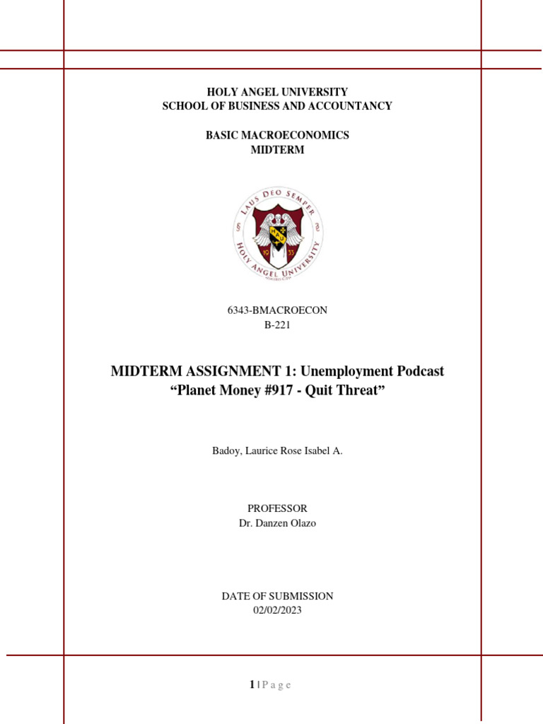 6343 - Badoy, Laurice Rose Isabel - MIDTERM ASSIGNMENT 1 | PDF | Unemployment | Labour Economics