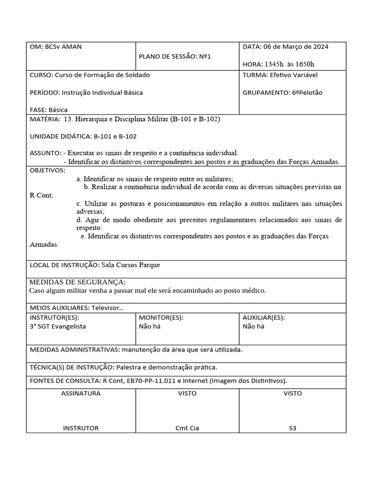 Plano de Sessão - Hierarquia e Disciplina | PDF | Militar Plano de Sessão - Hierarquia e Disciplina | PDF | Militar