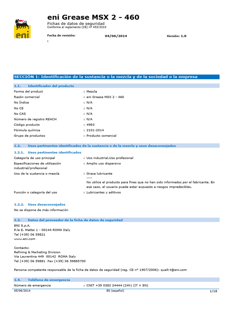 MSDS Eni Grease MSX 2 460 - 4983 - 1.0 - ES | PDF | Agua | Agente oxidante