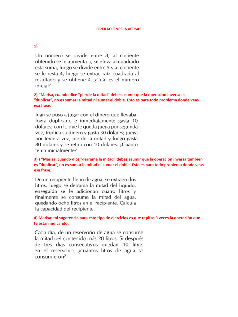 Operaciones Inversas en Problemas Matemáticos | PDF