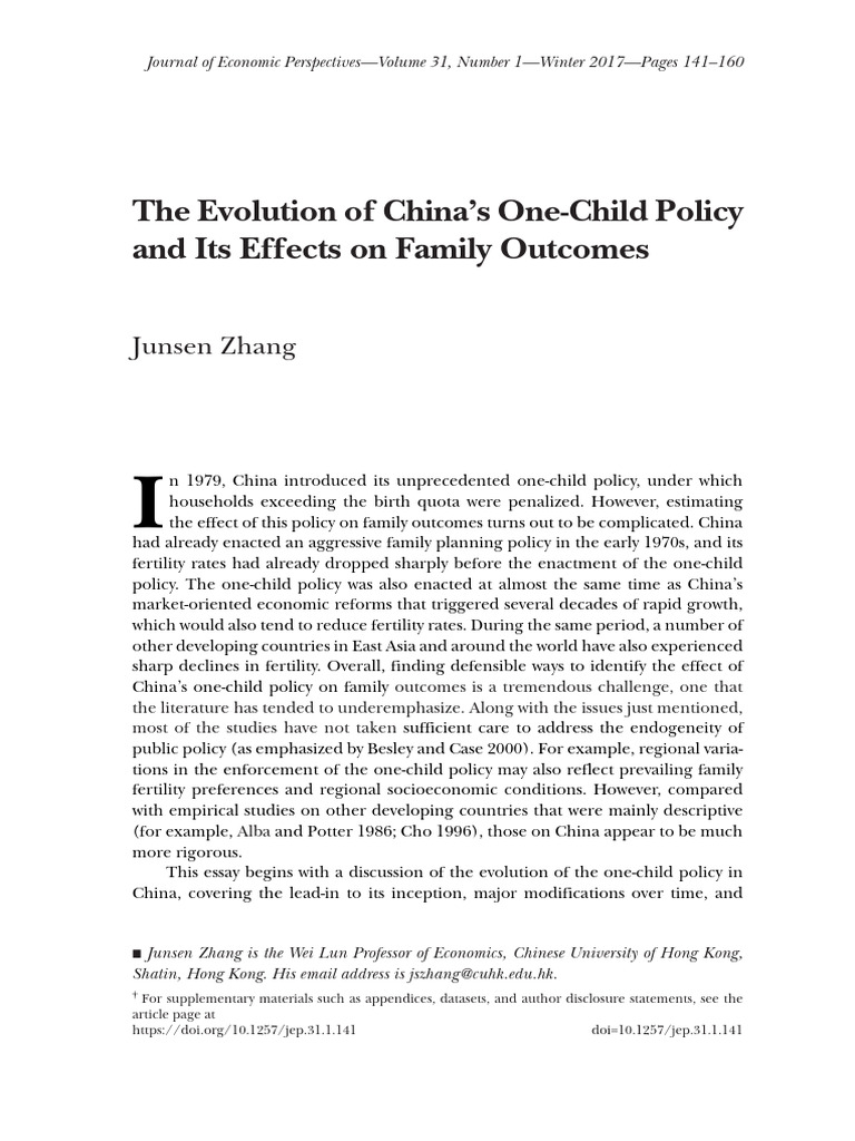 Zhang 2017 The Evolution of China S One Child Policy and Its Effects On ...