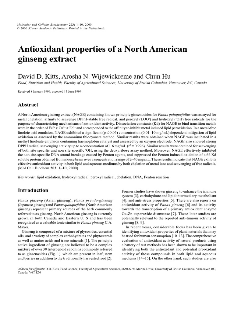 Antioxidant Properties of A North American Ginseng Extract: David D ...