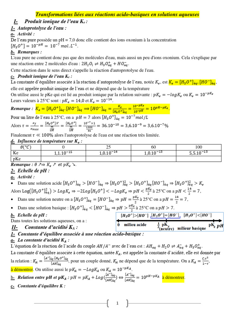 Cours de Cours Réactions Acido-Basiques Pour SP SVT SM Biof | PDF
