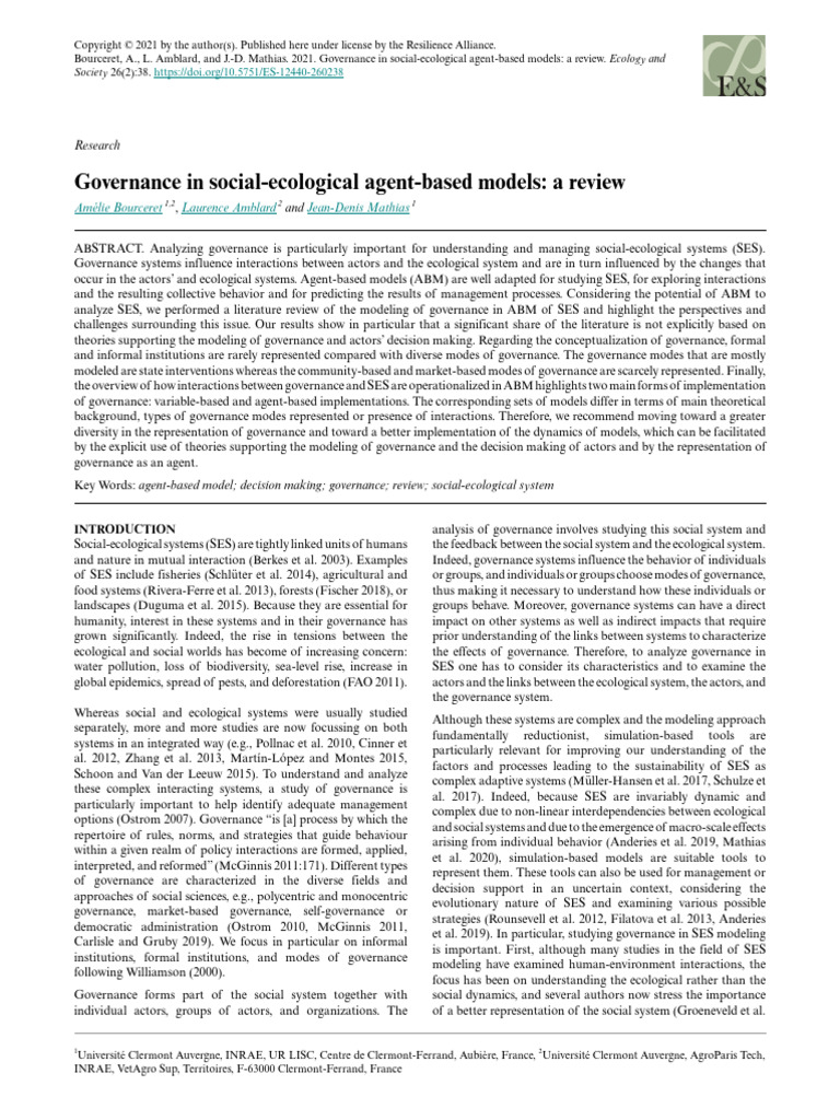 Governance In Social Ecological Agent Based Models A Review 2021 Pdf