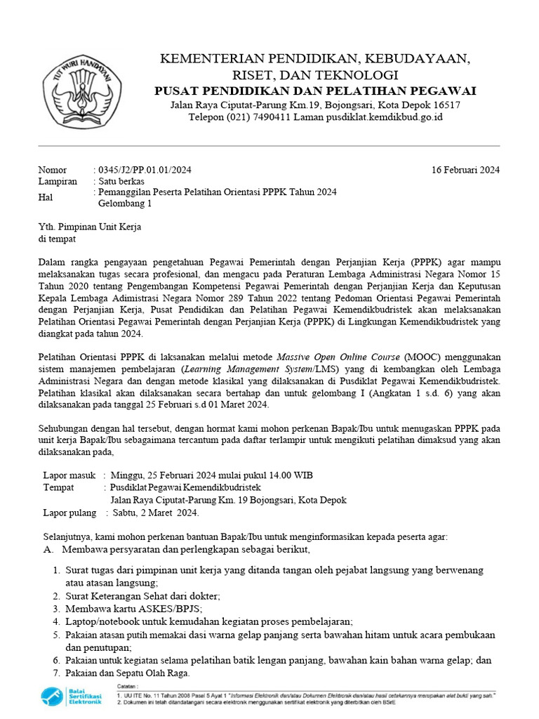 Surat Pemanggilan Peserta Orientasi PPPK Gelombang 1 Tahun 2024 | PDF