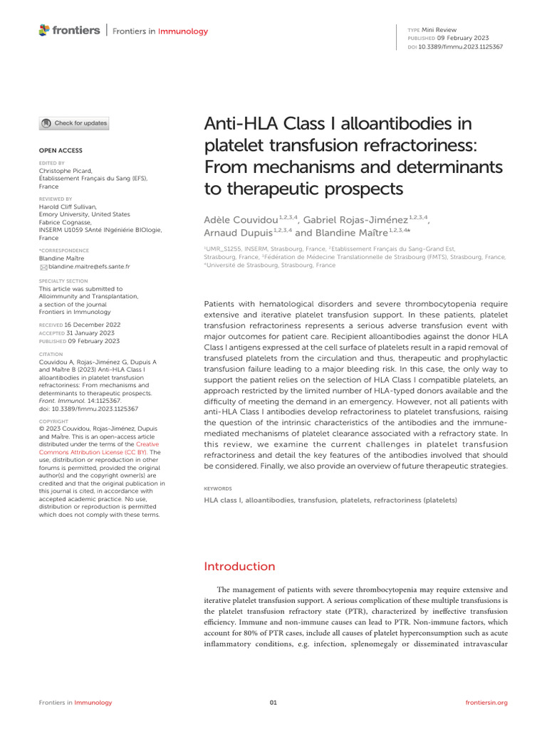 Anti-HLA Class I Alloantibodies in Platelet Transfusion Refractoriness ...