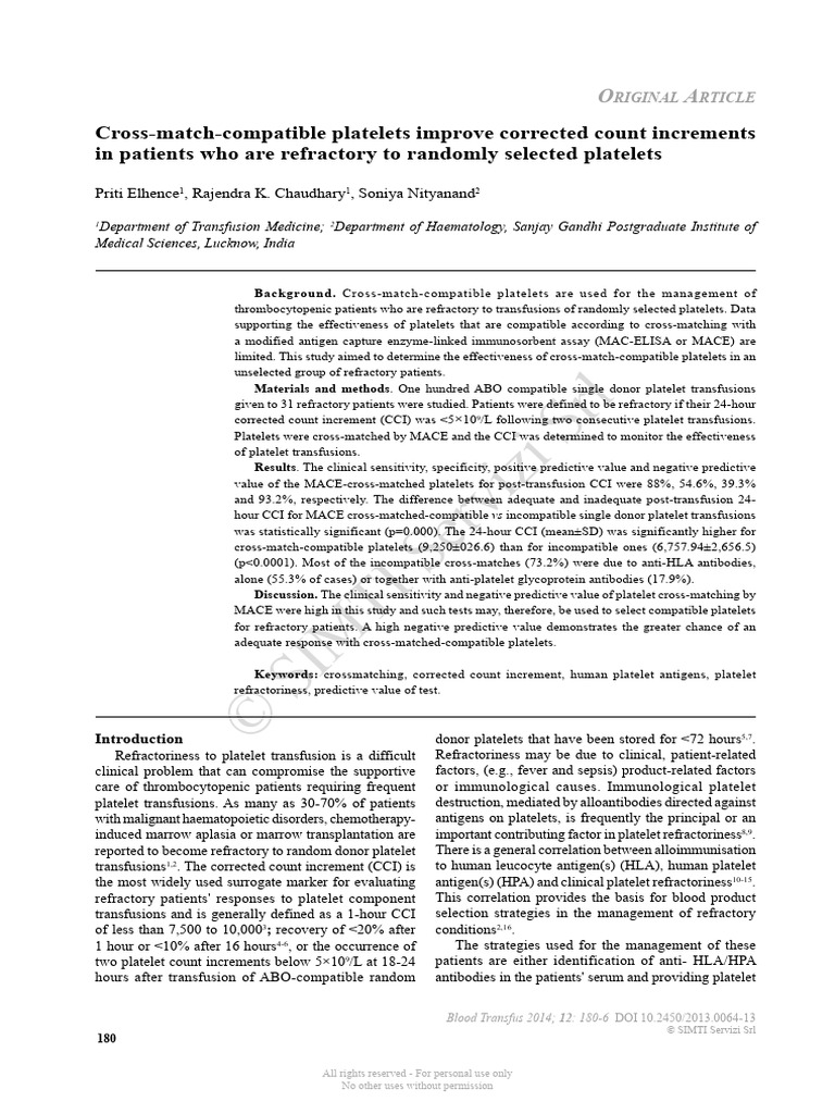 Cross-Match-Compatible Platelets Improve Corrected | PDF | Blood ...