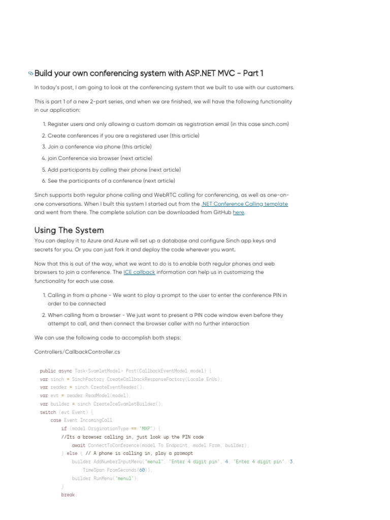Build Your Own Conferencing System With ASP - NET MVC - Part 1 | PDF | Conference Call | Telephone