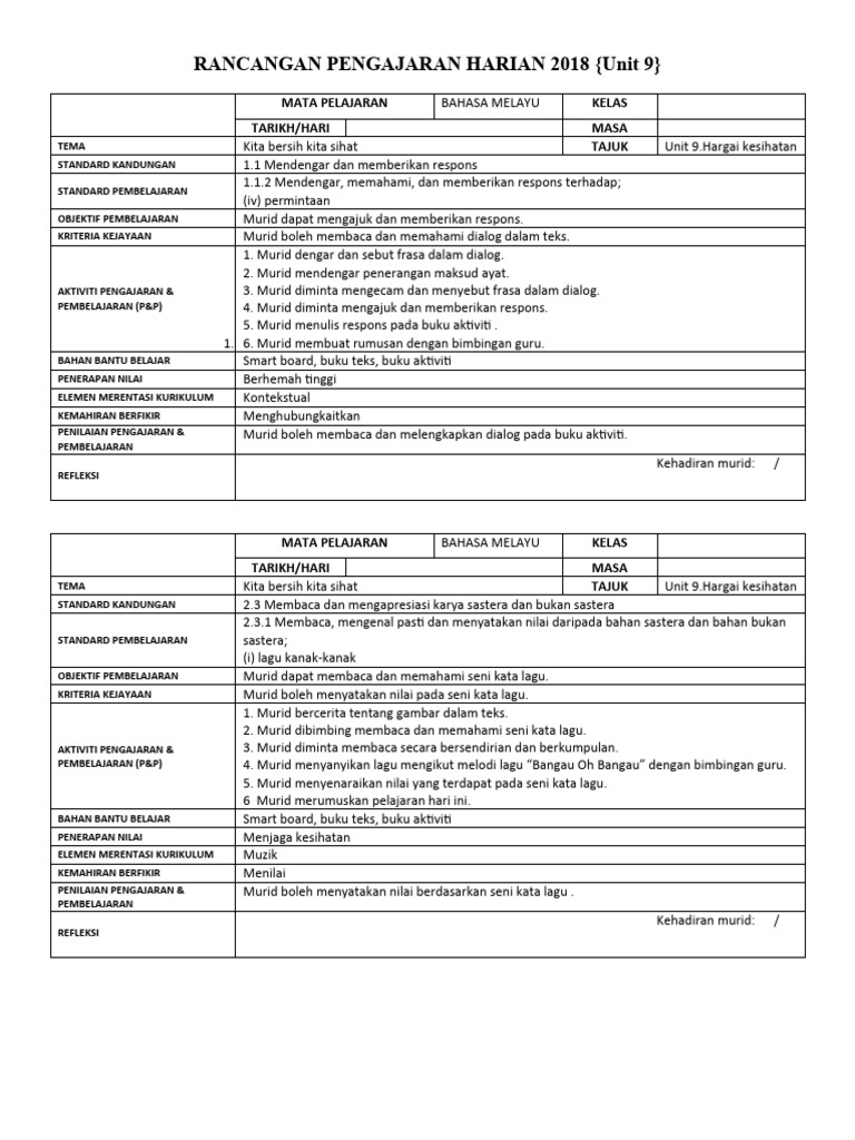 RPH BM Tahun 2 (Unit 9 Dan 10) | PDF