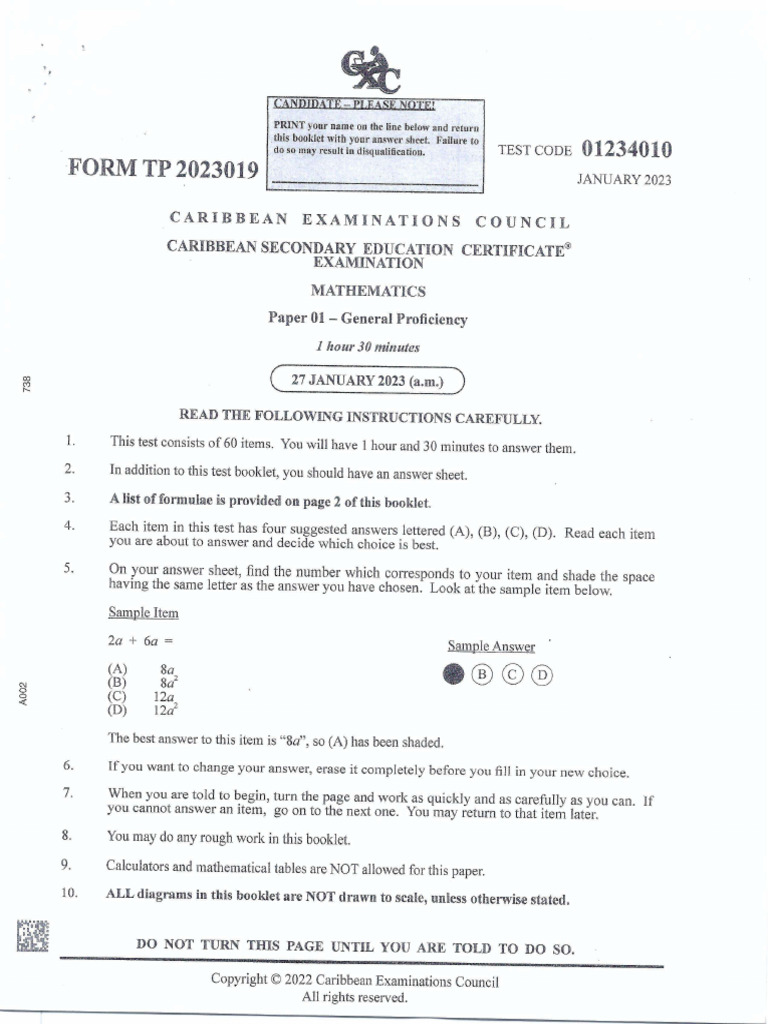 Math January 2023 Csec Paper 1 | PDF