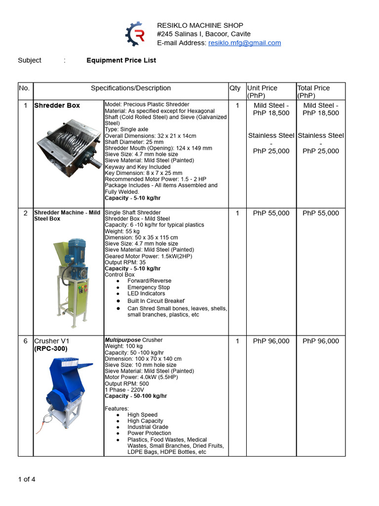 Equipment Price List | PDF