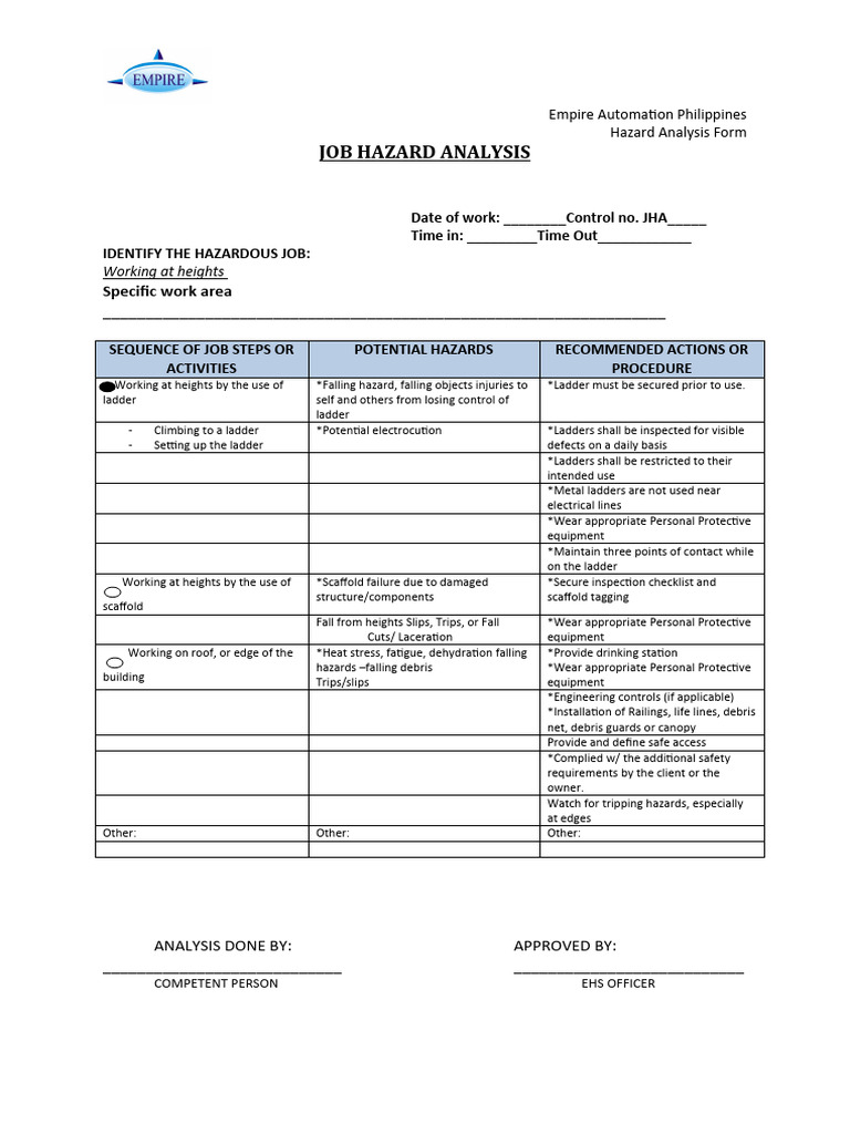 Job Hazard Analysis for Working at Heigths | PDF | Scaffolding | Wear