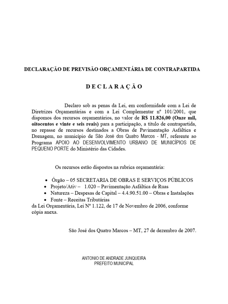 Declaração Contrapartida | PDF | Finanças e Administração de Capital ...