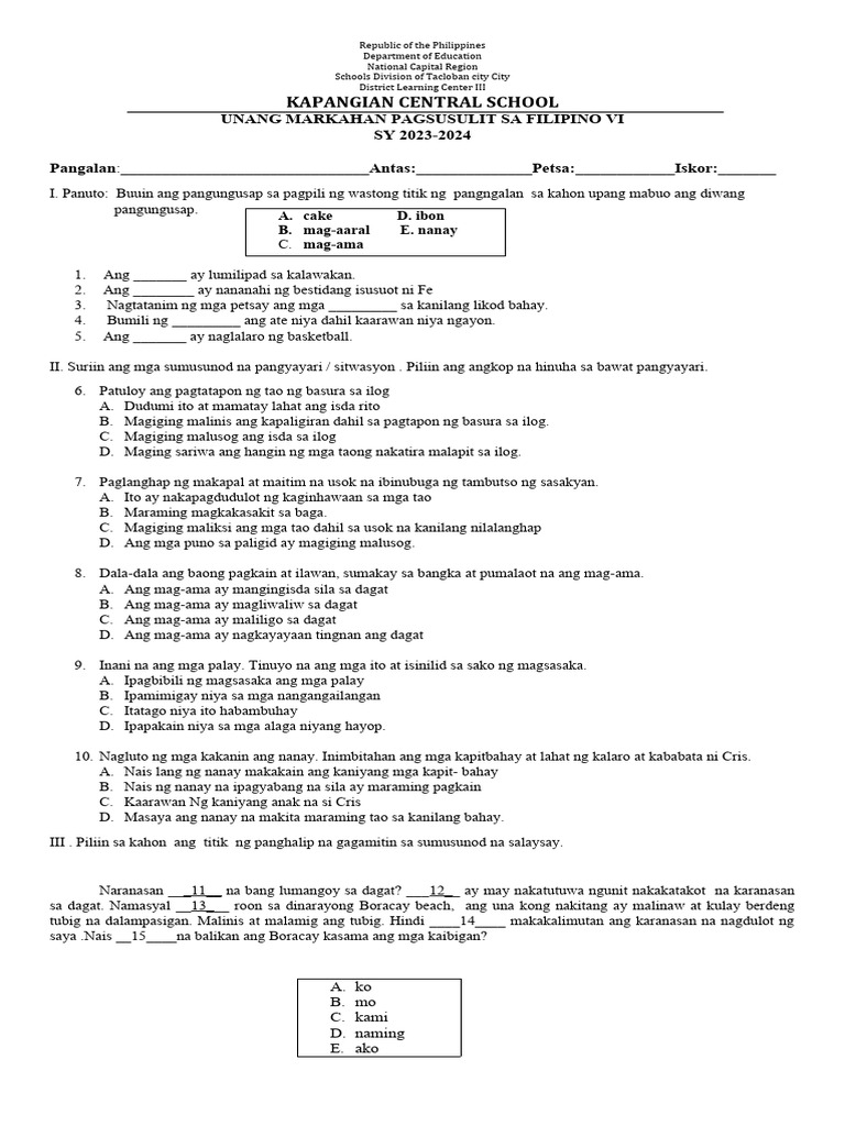 PT_FILIPINO 6_Q1 | PDF