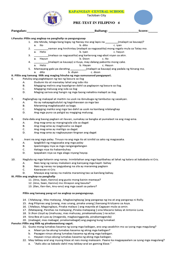 Pre-Test - Filipino 6 | PDF