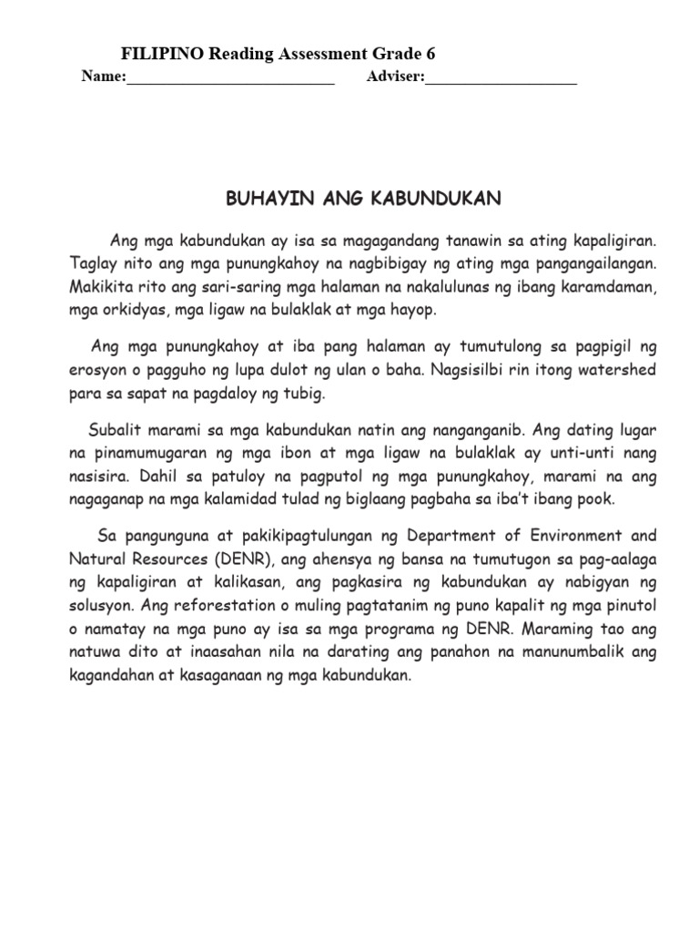 FILIPINO Reading Assessment Grade 6 For Print | PDF