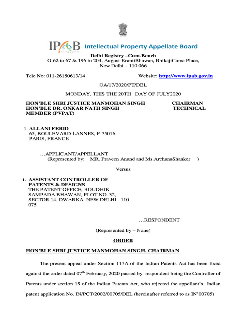 ALLANI FERID Vs Assr Cont of Patents (20-07-20) PDF | PDF