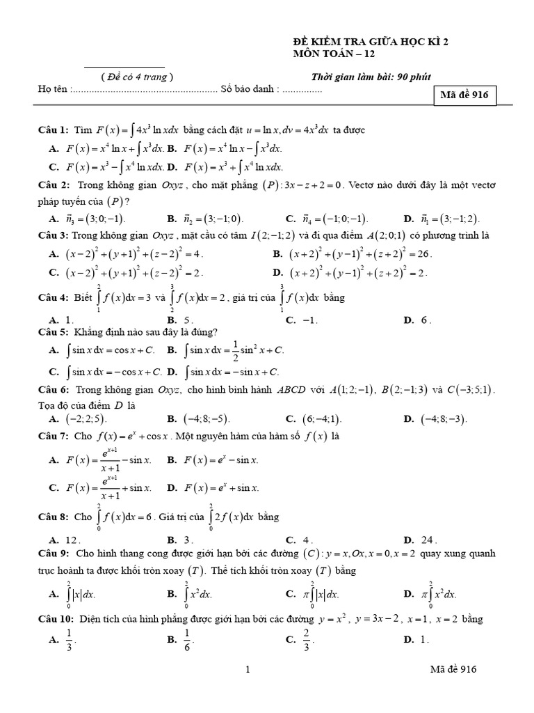 De Giua Ki 2 Toan 12 | PDF