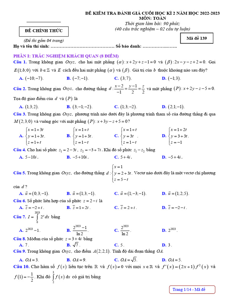 De Kiem Tra Cuoi Hoc Ki 2 Toan 12 Nam 2022 2023 So C | PDF